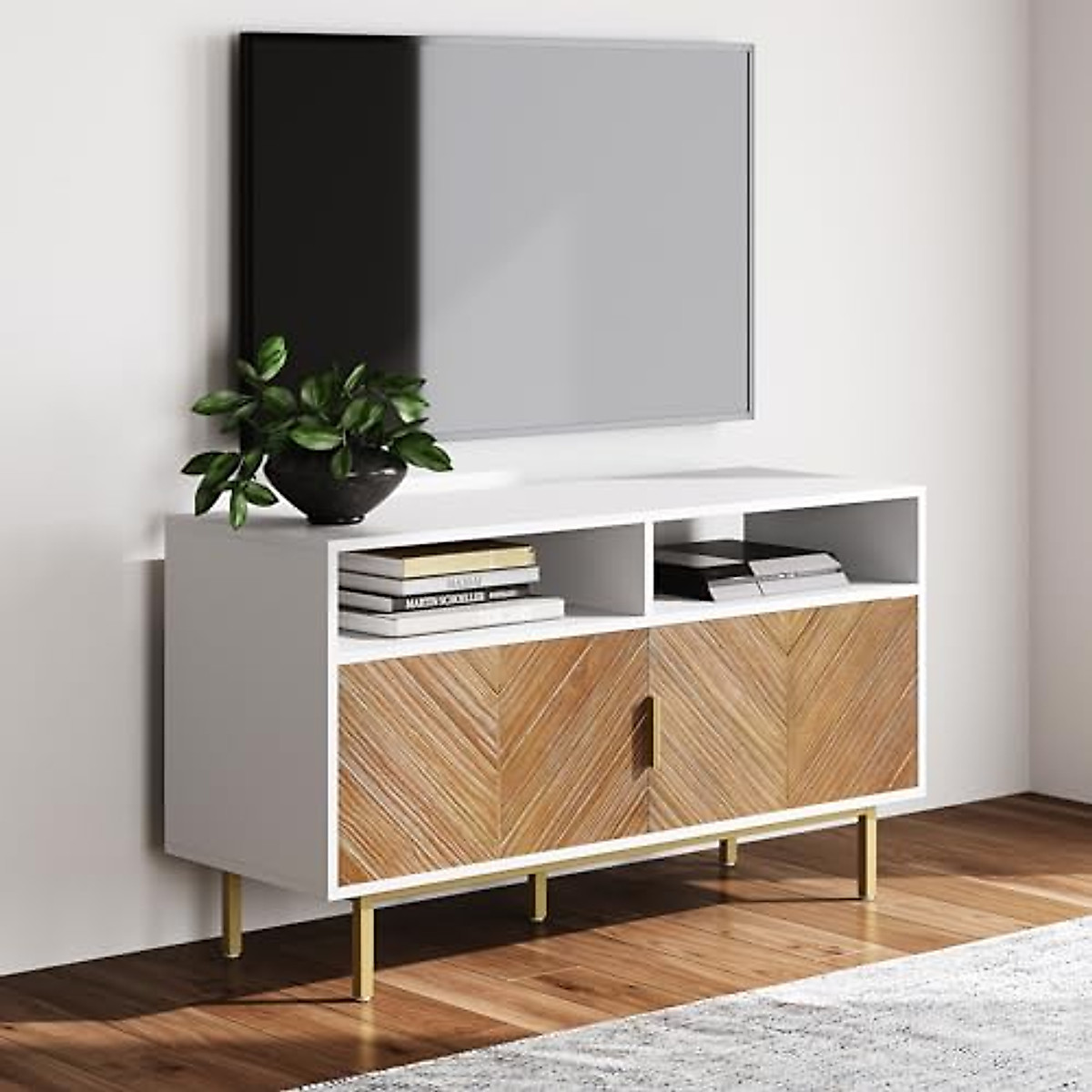 Nathan James Izsak Media Console, TV Stand, Entertainment Cabinet with Herringbone Doors and Cubby Storage in a Fir Wood Finish for Living, Dining Room or Entryway, Brown/White/Gold