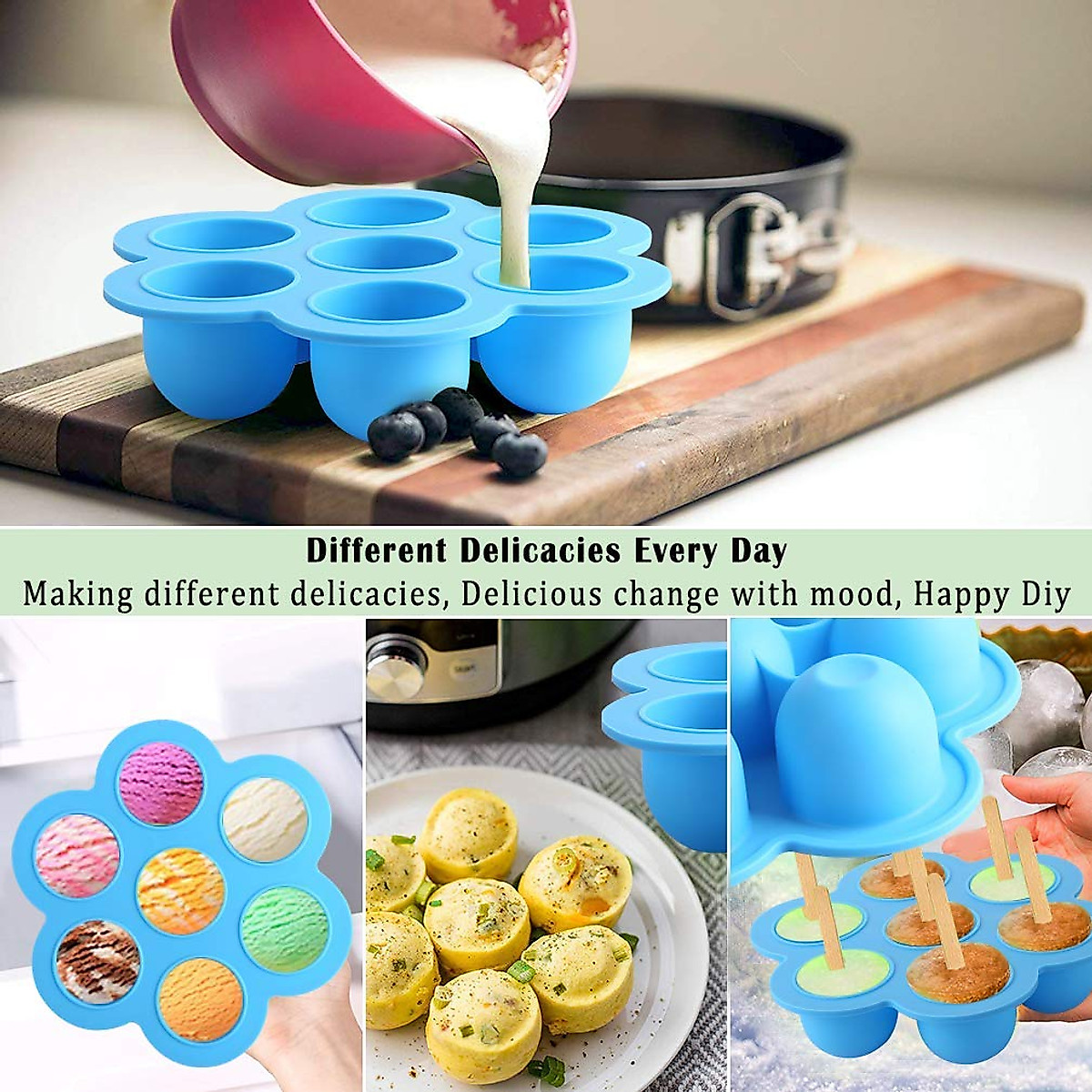 ROTTAY Silicone Egg Bites Molds and Steamer Rack Trivet with Heat Resistant Handles Fit Instant Pot Accessories, 7pcs set for 6qt 8qt Electric Pressure Cooker With 2 Spoons and Silicone spatula