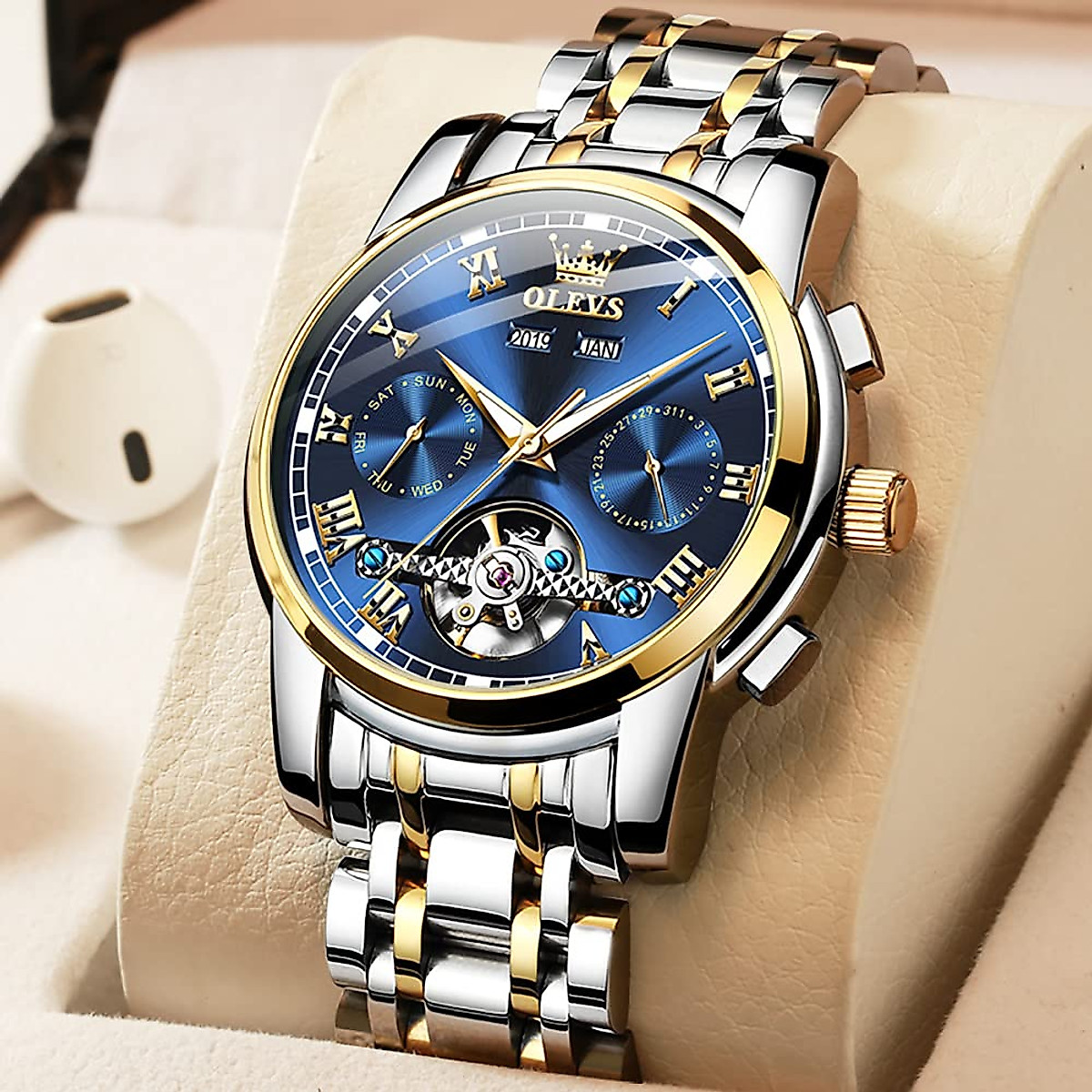 OLEVS Mens Watches Automatic Watches for Men Self Winding Watch Silver Gold Stainless Steel Watch Blue Dial Watch Skeleton Tourbillon Men's Wrist Watches Luxury Big Face Watch for Men