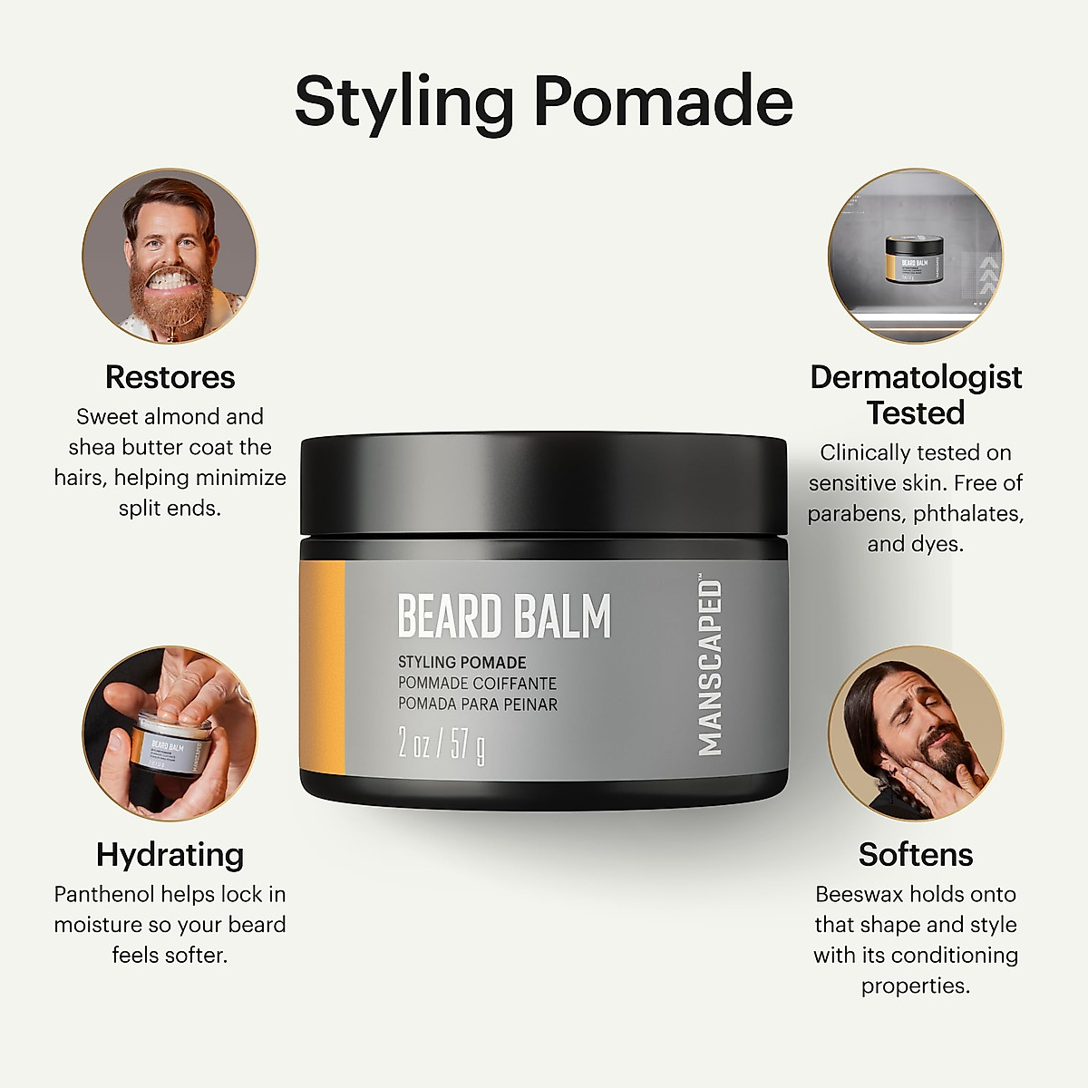 MANSCAPED® Beard Balm, Styling Pomade with Shea Butter, Coconut Oil & Beeswax - Moisturizes, Softens, Strengthens & Shines Beards, Mustaches & Facial Hair, for Sensitive Skin, (2 oz) 2-Pack