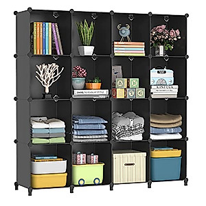 FUNLAX Cube Storage Shelf, 16 Storage Cubes Closet Organizers and Storage Portable Cube Storage Organizer Plastic Bookshelf Bookcase for Study Room, Bedroom, Office, Black