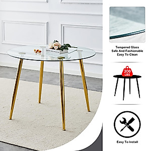 Ginxesh Modern Round Glass Dining Table for 4,40 Inch Small Round Dining Table with Gold Chrome Metal Legs,Circle Dining Table for Kitchen,Apartment(Gold, Table)