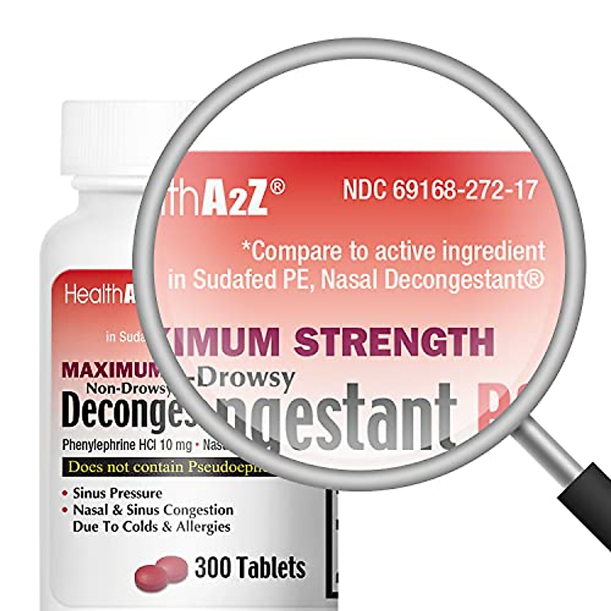 HealthA2Z Decongestant PE 300 Counts | Phenylephrine HCl 10 mg | Maximum Strength | Non Drowsy Nasal & Sinus Congestion Relief Due to Cold & Allergies
