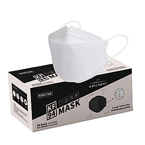 HINCINK KF94 Face Masks, 30 Pack Individually Wrapped, 4-Ply Breathable & Comfortable Safety Mask, Black Protective Cup Dust Masks Unisex Outdoor Safety Protection for Adult (30, White)