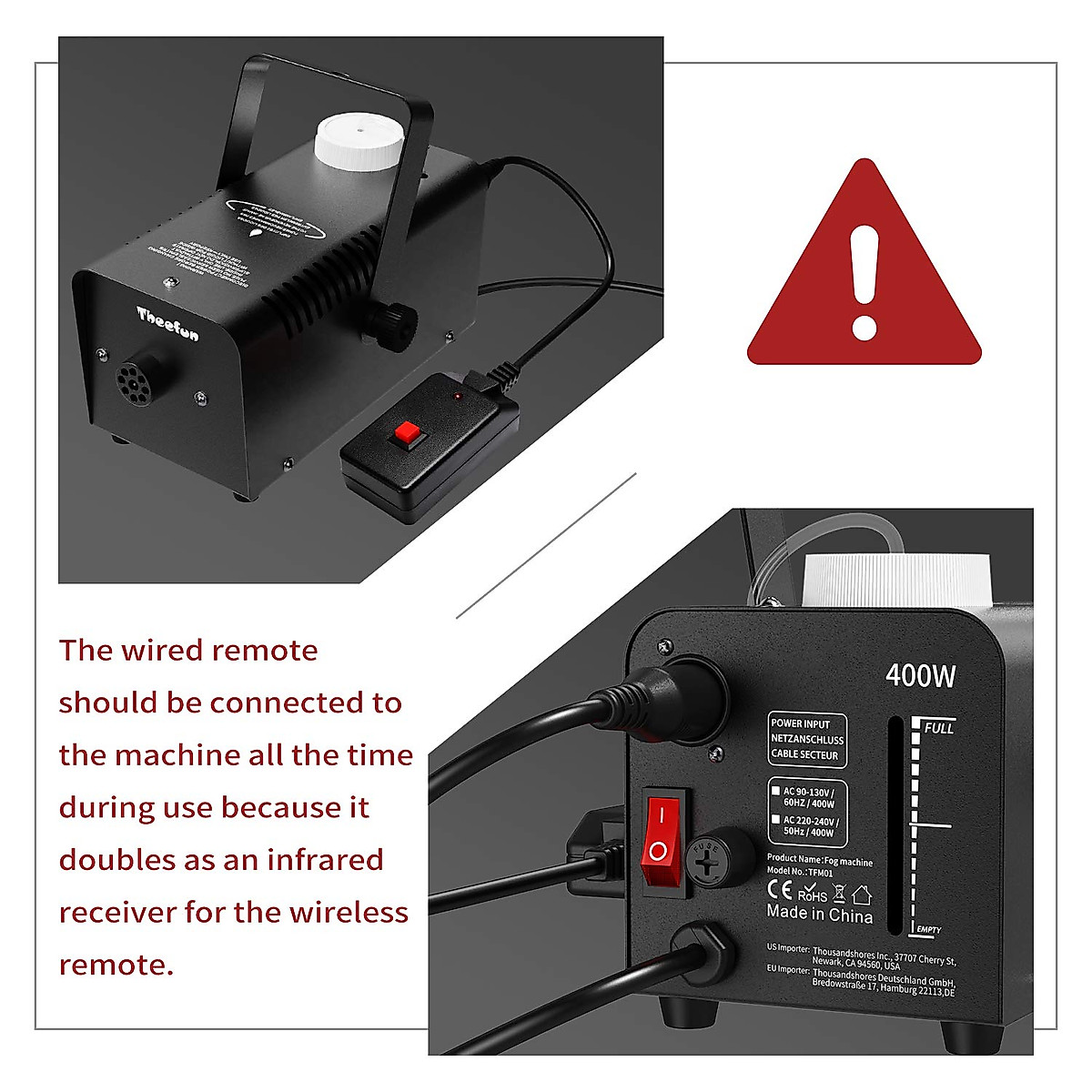 Theefun Fog Machine - 2000CFM Smoke Machine with Wired and Wirelss Remote Control - 400W Halloween Fog Machine with Handle for Christmas Wedding Party and Stage Effect(Size 9.06x4.33x4.53inch)