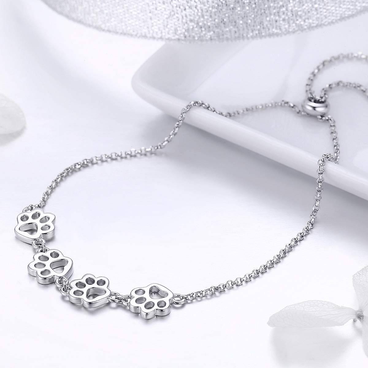 BISAER 925 Sterling Silver Dog Cat Paw Prints Bracelets Cat Bracelet Adjustable Bracelets for Women Dog Mom Pet Lover Gifts Jewelry