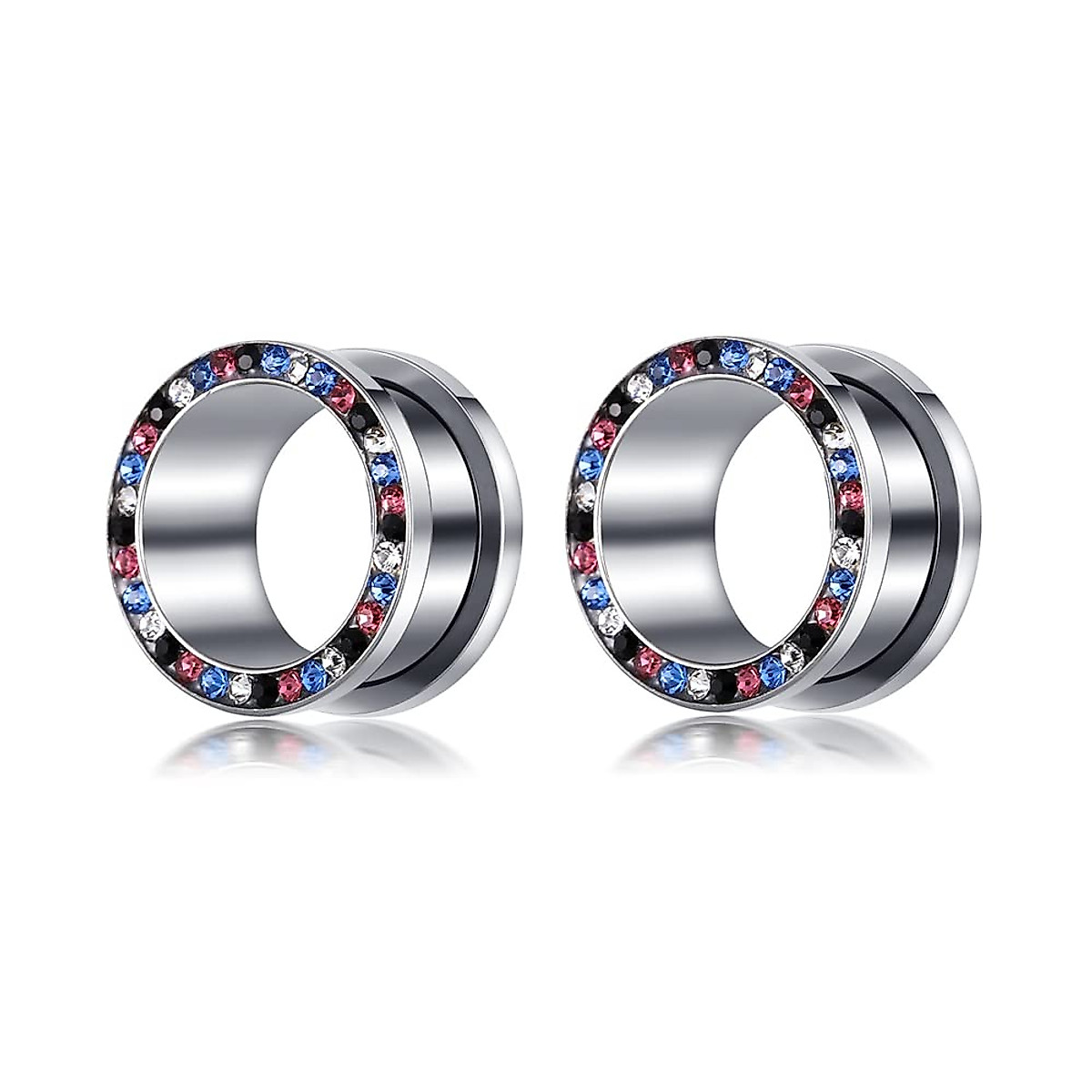Rainbow CZ Stainless Steel Ear Tunnels and Plugs Personalized Crystal Screw Fit Double Flared Ear Gauges Expander Stretching Tunnels Earlobe Plugs Body Piercing Jewelry for Men Women Boys Teen Girls (00g(10mm))
