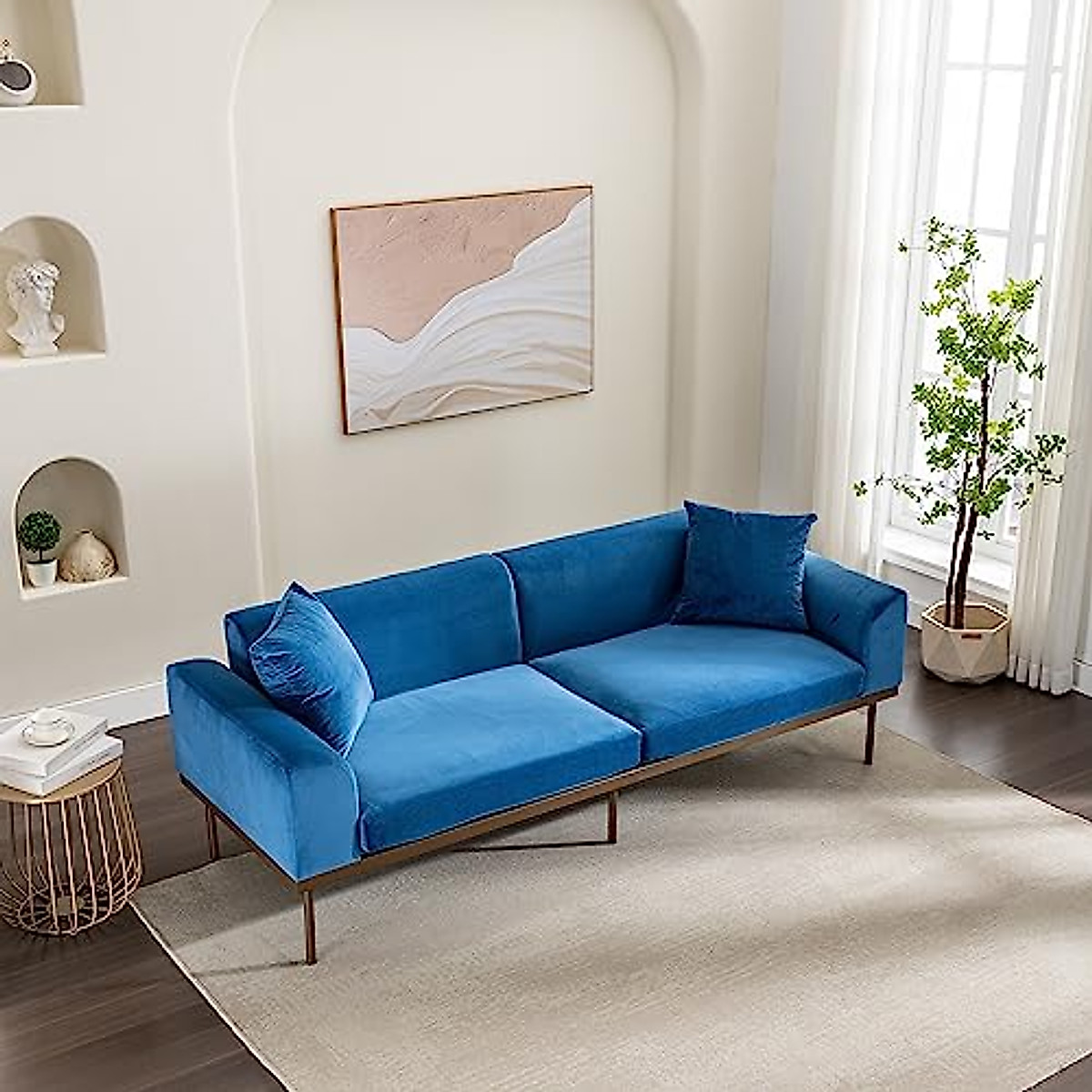 Winwee 3-Seater Sofa Couch with Metal Legs, Velvet Accent Sofa with Comfortable Seat Cushion, Modern Love-seat Sofa Couch with Two Pillows for Living Room and Bedroom (Blue)
