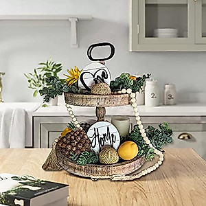 DECORIO Farmhouse Distressed Two Tier Brown Decorative Tray - Wood Tiered Tray Stand - Two Tier Tray Easter Tiered Tray Decor - Two Tiered Tray - 2 Tier Wooden Tray 2 Tier Serving Tray 17"x13"