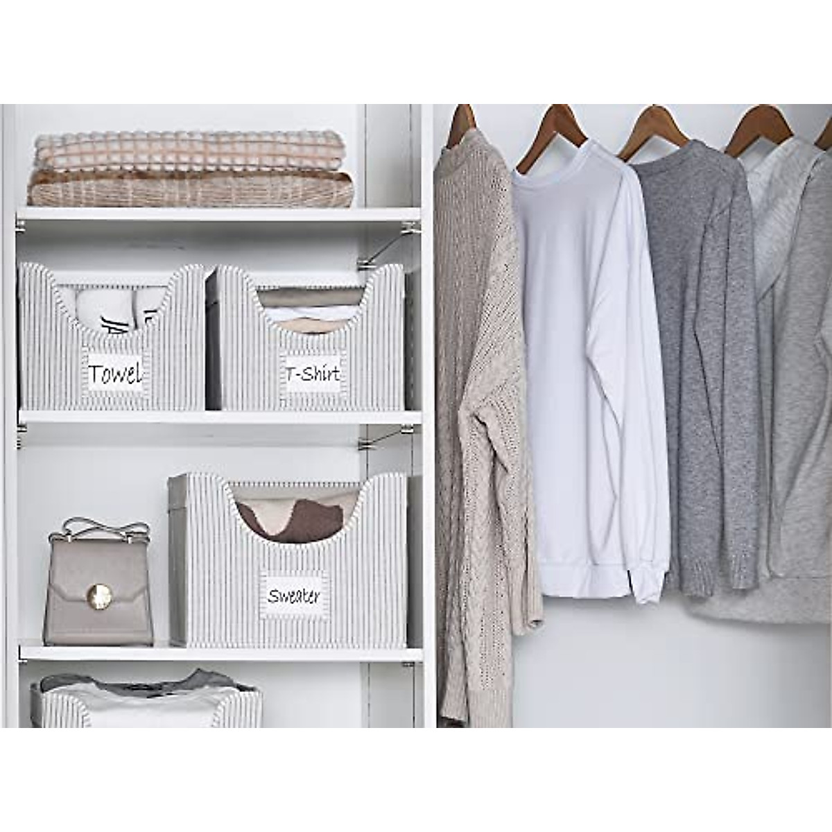 StorageWorks Closet Storage Bins, Open Front Cube Storage Bins with Cutout Window and 2 Handles, Foldable Fabric Clothes Organizer, Gray and White Stripes, 2-Pack