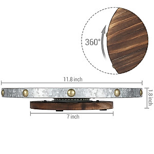 MyGift Round Rotating Serving Tray, Rustic Burnt Solid Wood and Galvanized Metal Lazy Susan Turntable with Brass Tone Studs