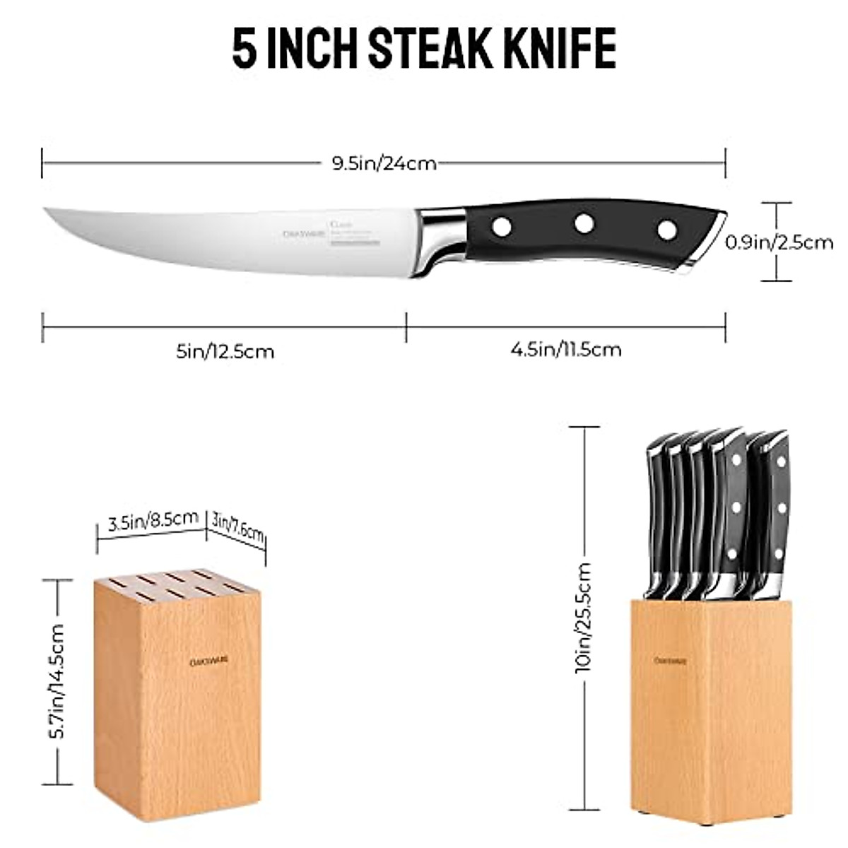 OAKSWARE Steak Knives Set of 8 with Block, 5 inch Non Serrated Steak Knife Set, 8 Pieces Professional Straight Edge Kitchen Table Dinner Knives - Forged German Steel - Full Tang Handle