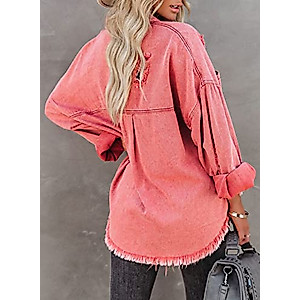 EVALESS Women's Denim Jacket Boyfriend Jean Jackets for Women Fashion 2023 Distressed Shacket Jacket Ripped Frayed Jean Shirts Business Casual Red Top Outfits with Pockets Light Stretchy Shirt,Large