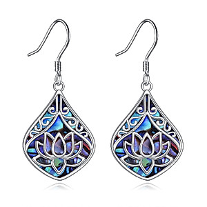 POPLYKE 925 Sterling Silver Lotus Flower Earrings Celtic Yoga Abalone Dangle Earrings for Women Lotus Jewelry Gifts Birthday