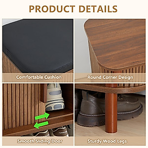 NVETHM Shoe Bench, Shoe Storage Bench with Leather Cushion and Sliding Door, Modern Shoe Organizer Cabinet for Living Room, Bedroom, Entryway, Hallway (Walnut)