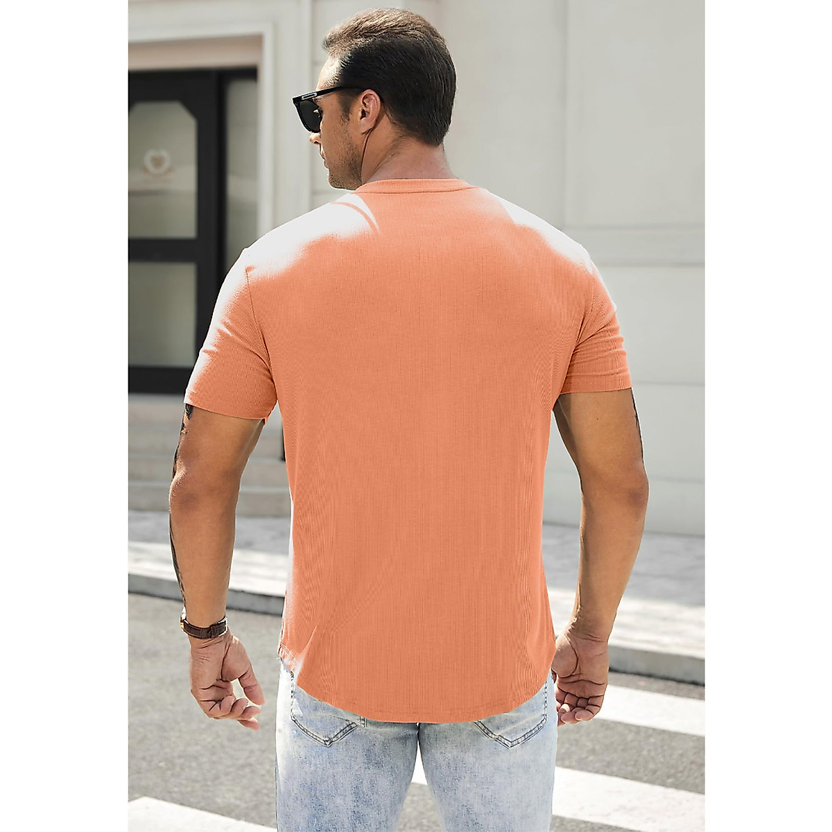 JMIERR Mens Muscle Slim Fit Button Henley Shirts Summer Crewneck Short Sleeve Longline Fitted T-Shirt Gym Workout Athletic Tees Shirt for Men, L, Orange