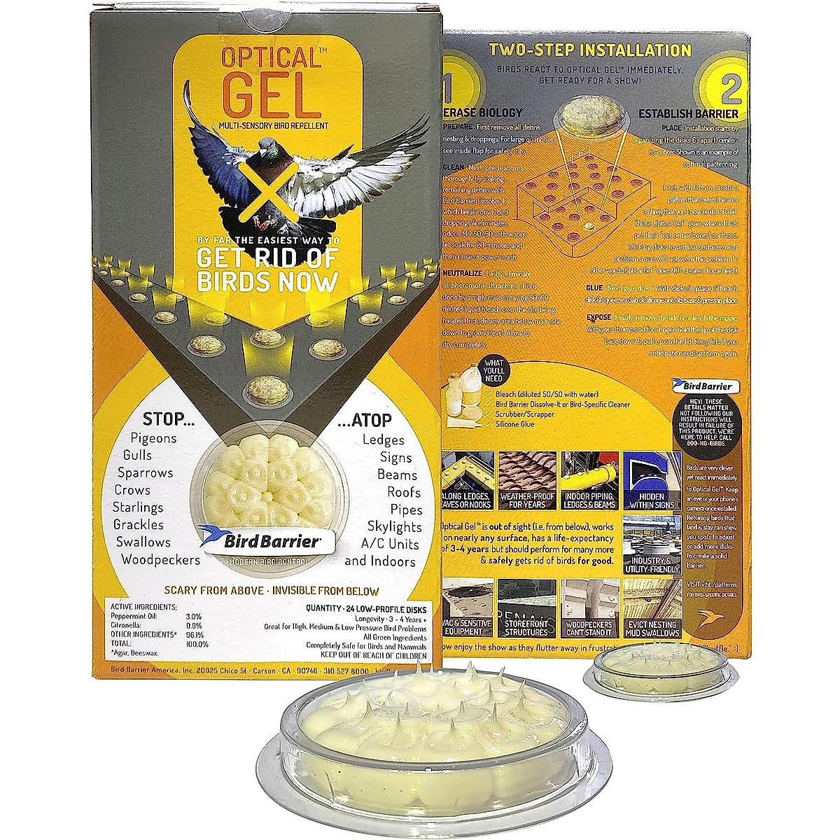 Bird Barrier Optical Gel (24 Pack) · Get rid of Birds: Pigeons, woodpeckers, Gulls, Crows, starlings, mud Swallows on ledges, Signs, Balconies, soffits, Beams, skylights, Signs, Roofs, HVAC, etc.