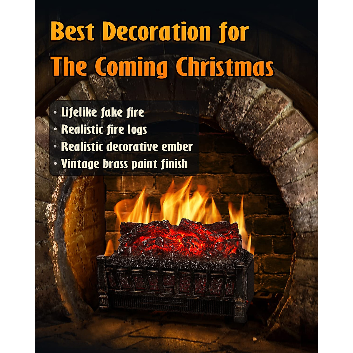 Electric Fireplace Logs Heater, Fireplace Insert with Realistic Fake Fire, 4 Flame Brightness, Remote Control, 8H Timer, Overheat Protection, Ember Bed Heater for Living Room, Christmas Decor, 1500W