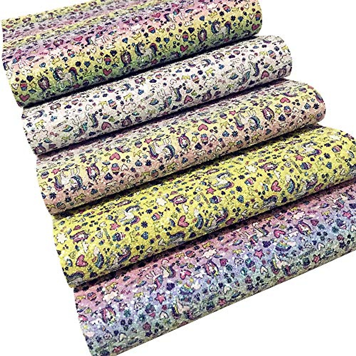 Unicorn Printed Faux Leather Fabric Sheets 5 Pieces Glitter Sequins Synthetic Fabric for DIY Bows Earrings Making Crafts (Assorted A)