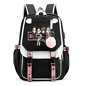 CUSALBOY Kpop Backpack Lisa Rose JISOO Jennie Shouler Bag Messenger Bag Fashion USB Charging Backpack (black 4)