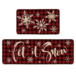 Artoid Mode Buffalo Plaid Snow Christmas Kitchen Rugs Set of 2, Let It Snow Xmas Winter Holiday Party Low-Profile Floor Mat Decorations for Home Kitchen - 17x29 and 17x47 Inch
