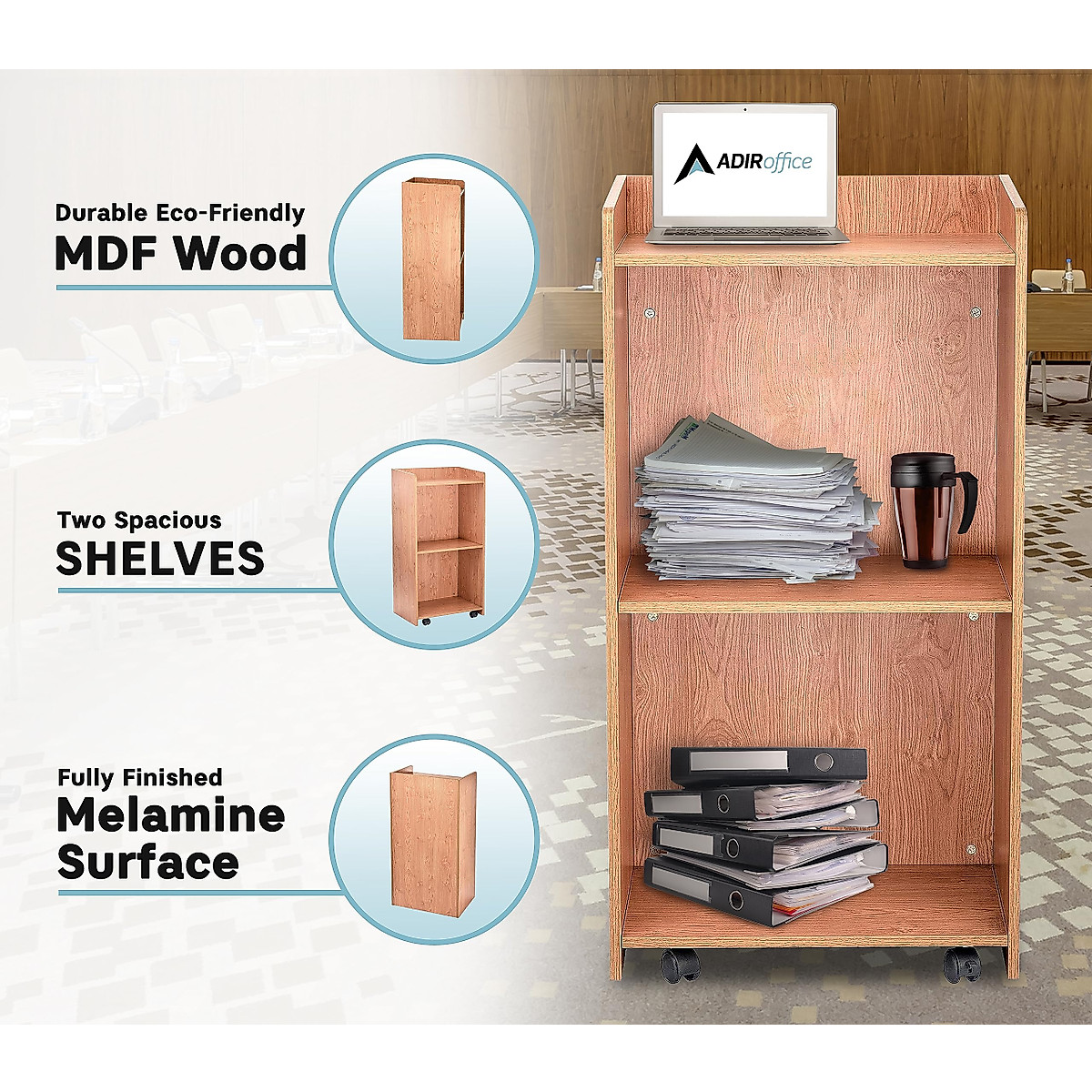 AdirOffice Podium with Wheels, Hostess Stand for Restaurant, Rolling Podium Stand, Medium Oak