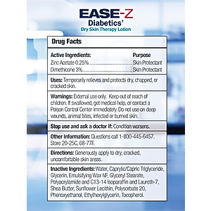 EASE-Z Diabetic Lotion for Dry Skin. Clinically Proven ingredients and ZINC relieve dryness, reduce redness, and calm itching. With Shea Butter. Fast-Acting, Long-Lasting. 10.9 oz