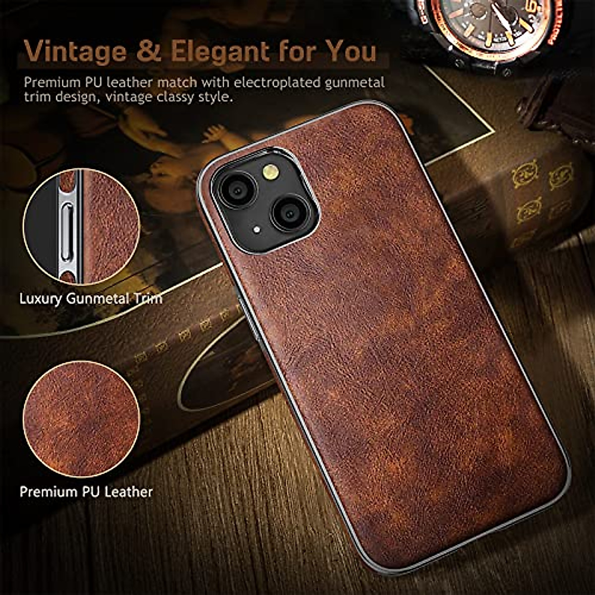 LOHASIC for iPhone 13 Case 6.1 inch, Premium Leather Slim Luxury PU Soft Non-Slip Grip Flexible Bumper Shockproof Full Body Protective Cover Phone Cases for iPhone 13 5G (2021) - Vintage Brown