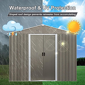 Morflys 8x10ft Outdoor Metal Storage Shed Large Garden Tool Metal Shed with Sloping Roof and Double Lockable Door, Outdoor Shed for Backyard Garden Patio Lawn, Brown