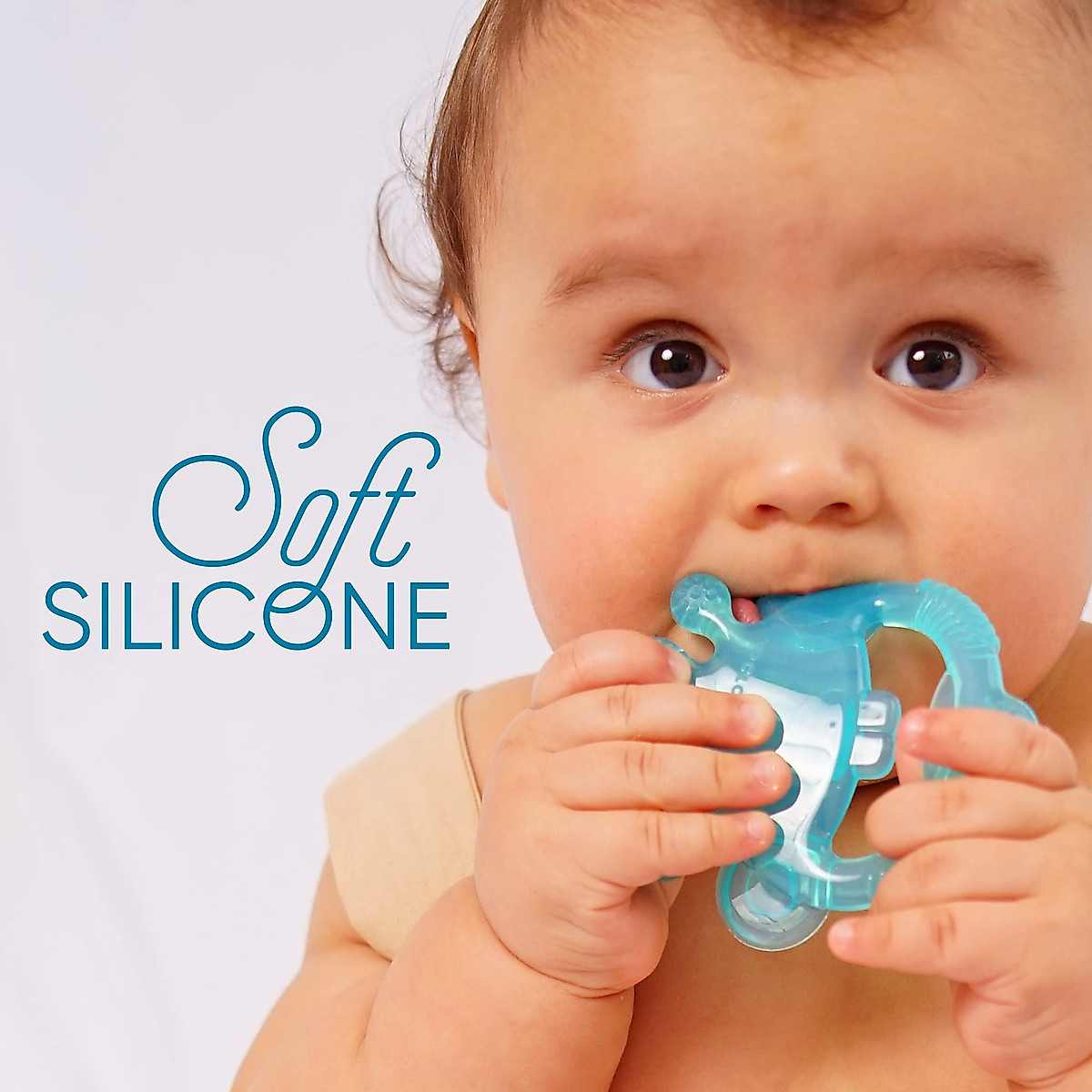 Funny Baby Teether for Boys and Girls. Odorless Medical Grade Non-Toxic Smiley Silicone Teether. BPA Free (Aqua Blue)