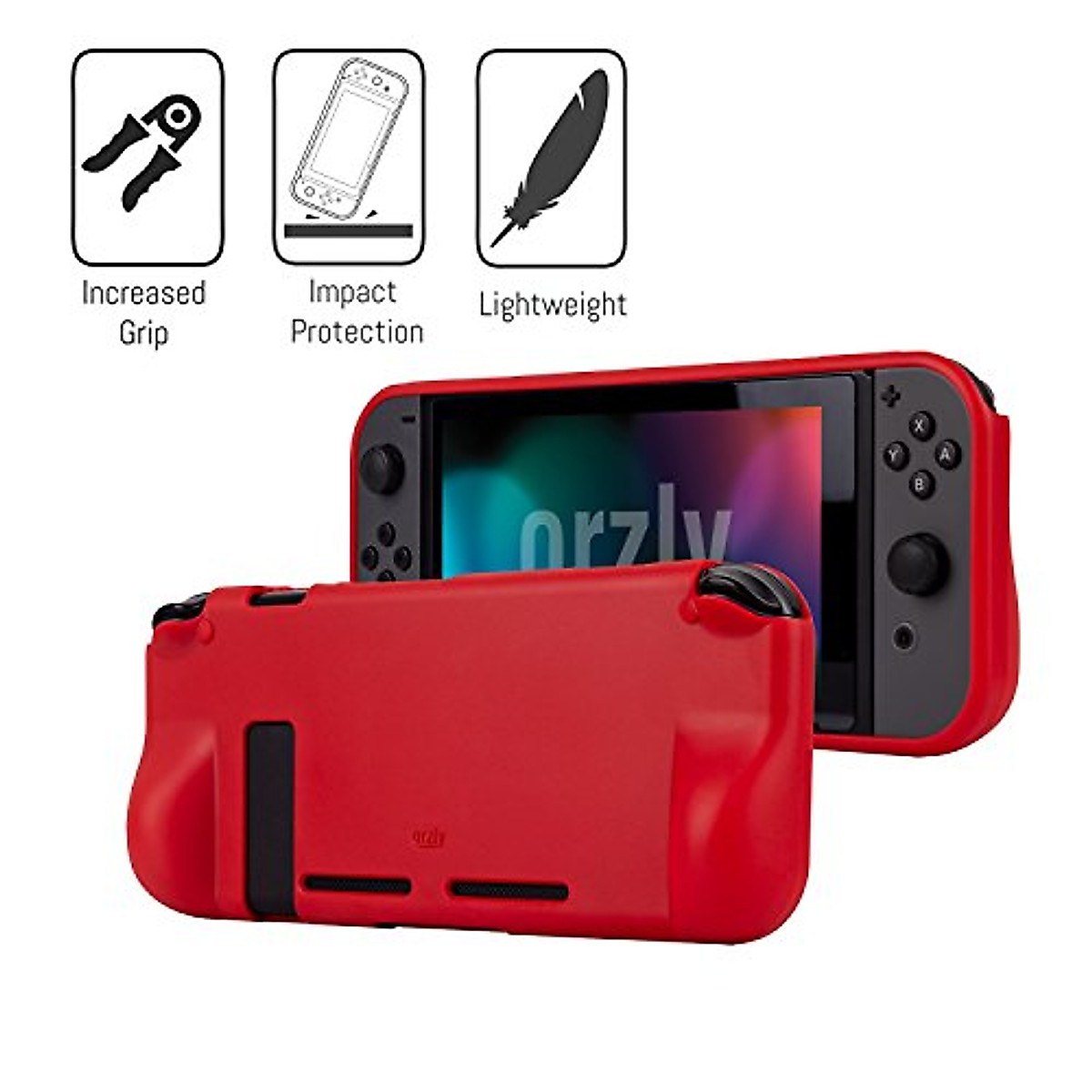 Orzly Switch Accessories Bundle – Carry Case for Nintendo Switch Console (NOT OLED MODEL) Tempered Glass Screen Protectors, USB Charging Cable, Switch Games Case, Comfort Grip Case & Headphones - RED