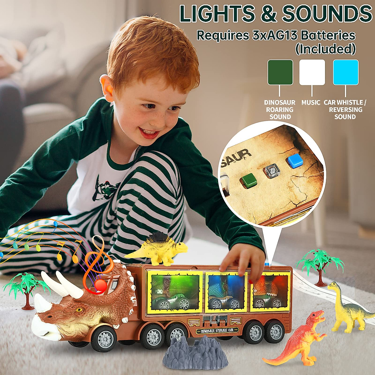 Smadool Dinosaur Toy Truck for Kids, Dinosaur Transport Truck Toy with Sounds Lights Pull Back Car Toys Dinosaur Toys Car for Kids 3-5 with Track Launcher Dinosaur Scene Kids Toys for Boy Girl