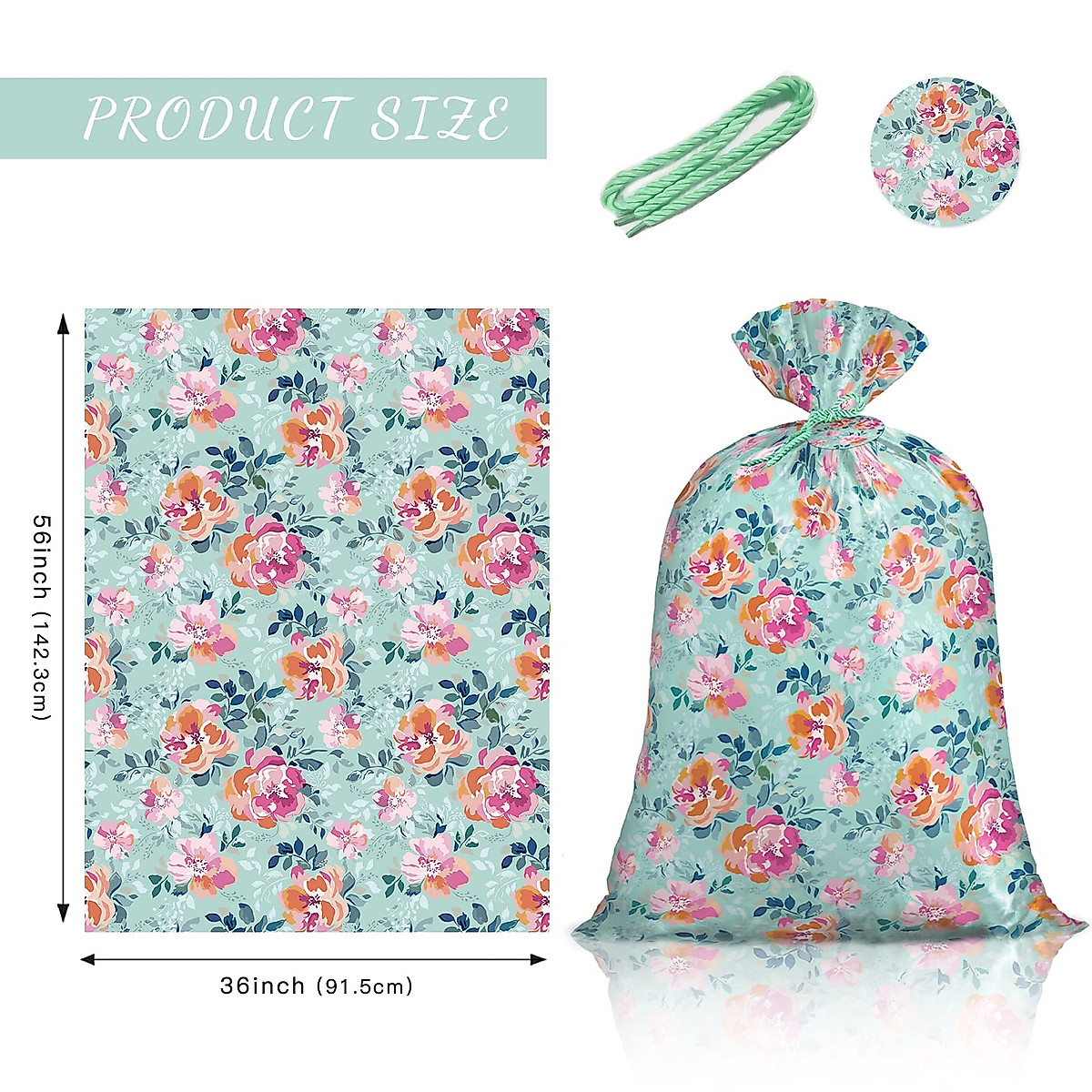 Loveinside Jumbo Large Plastic Gift Bag, Floral Design Plastic Bag with Tag and Tie for Birthday, Mother's Day, Wedding - 56" x 36", 1 Pcs - Mint Flower