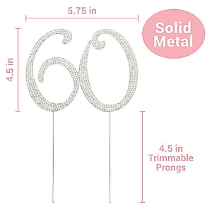 60 Cake Topper - Premium Silver Metal - 60th Birthday or Anniversary Party Sparkly Rhinestone Decoration Makes a Great Centerpiece - Now Protected in a Box