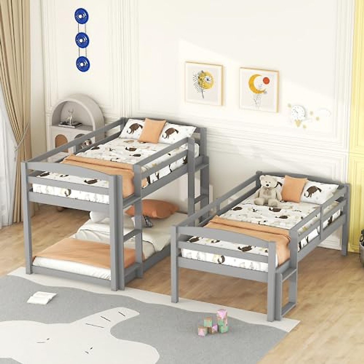 BOVZA Twin Over Twin Over Twin Bunk Bed, Wooden Triple Bunk Bed with Guardrails and Ladders, for Kids and Teens, Gray