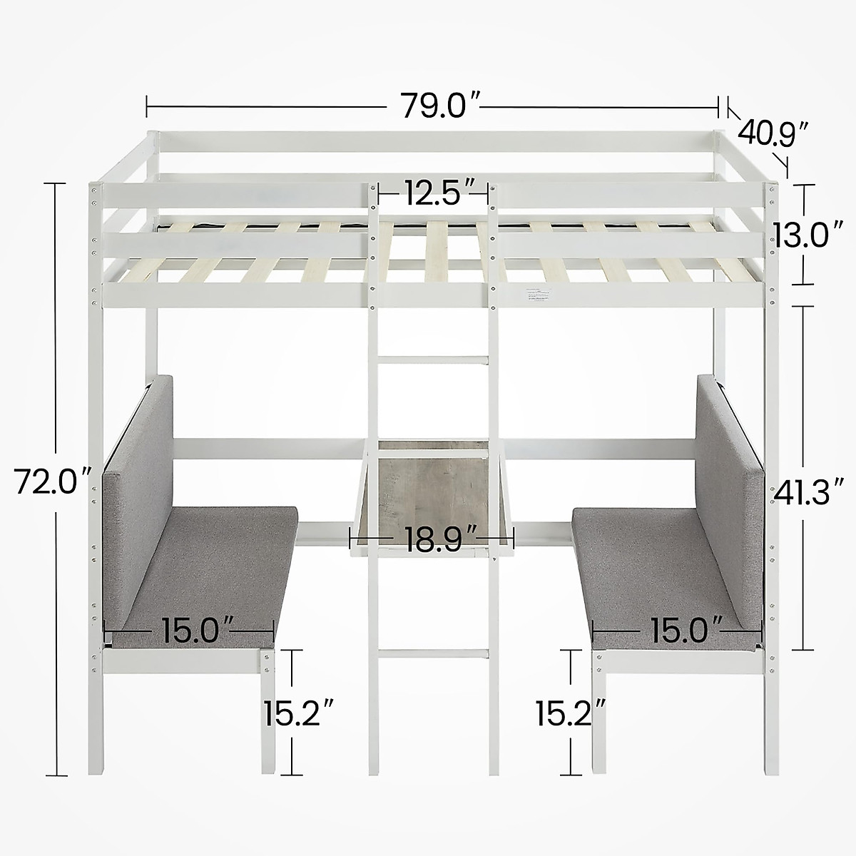 Metal Loft Bed Twin Size, Twin Loft Bed with Desk and Bench, Twin Size Loft Bed Turn into Twin Bunk Beds, Twin Loft Bed with Ladder and Full-Length Guardrail(Cushion Sets are Free), Twin White