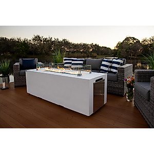 70" Linear Rectangular Modern Concrete Fire Pit Table w/Glass Guard and Crystals (White)