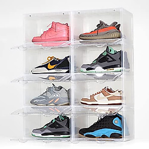 SupBro Collection Crate - Easy Access Storage Shoes Box -Plastic Foldable Stackable Sneaker Display Storage with Clear Side Open Door Organizer-8 Pack(Transparent)