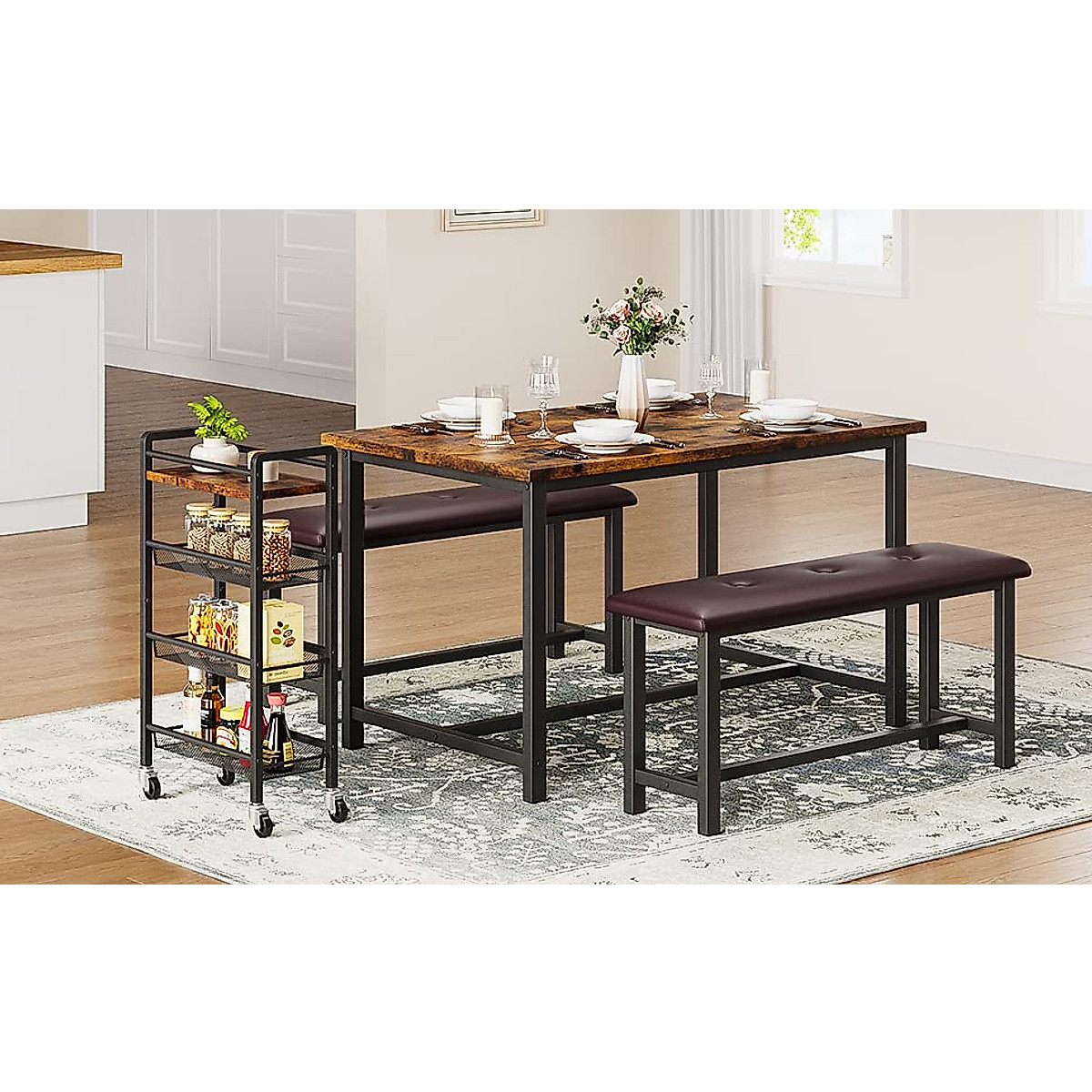 IDEALHOUSE 3 Piece Dining Table Set, Kitchen Table and Benches for 4, Rectangular Dining Room Table Set with 2 Upholstered Benches, Dining Table Set for Small Space, Apartment, Studio, Retro Brown