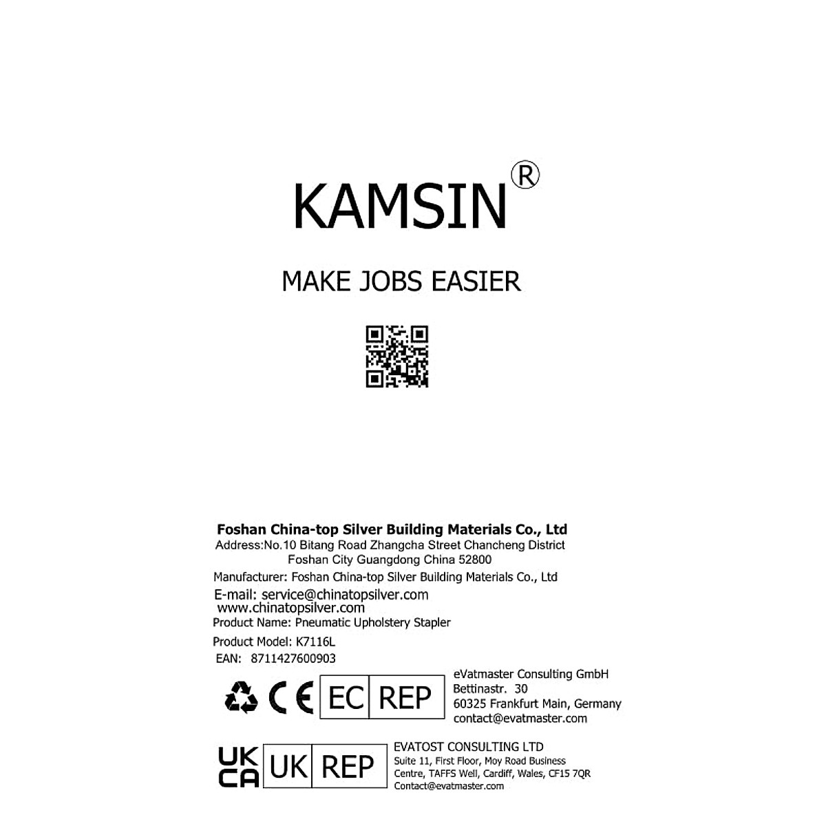 KAMSIN #7116L 22 Gauge Pneumatic Upholstery Stapler, 71 Series 3/8-Inch Crown Long Nose Air Power Fine Wire Staple Gun, 1/4-Inch to 5/8-Inch Leg Length Furniture Stapler for Fabric, Upholstering