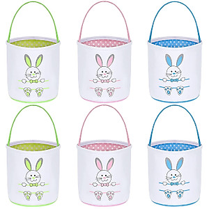 6 Pack Easter Egg Hunt Basket for Kids Bunny Canvas Tote Gifts Bags Eggs Candy & Gifts Carry Bucket Easter Baskets Bunny Bags Canvas Rabbit Fluffy Tail Basket Buckets Easter Egg Hunt Party Decorations
