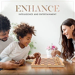 15" Wooden Chess Set with Weighted Chess Pieces, Folding Chess Board Set with Instructions & Storage Slots, Portable Travel Chess Sets for Adults and Kids