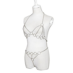 ADESUGATA Sexy Woman Tassel Body Harness Chain Cross Enticing Tassel Body Link Harness Metal Chain Sexy Lingerie Set (B) Silver