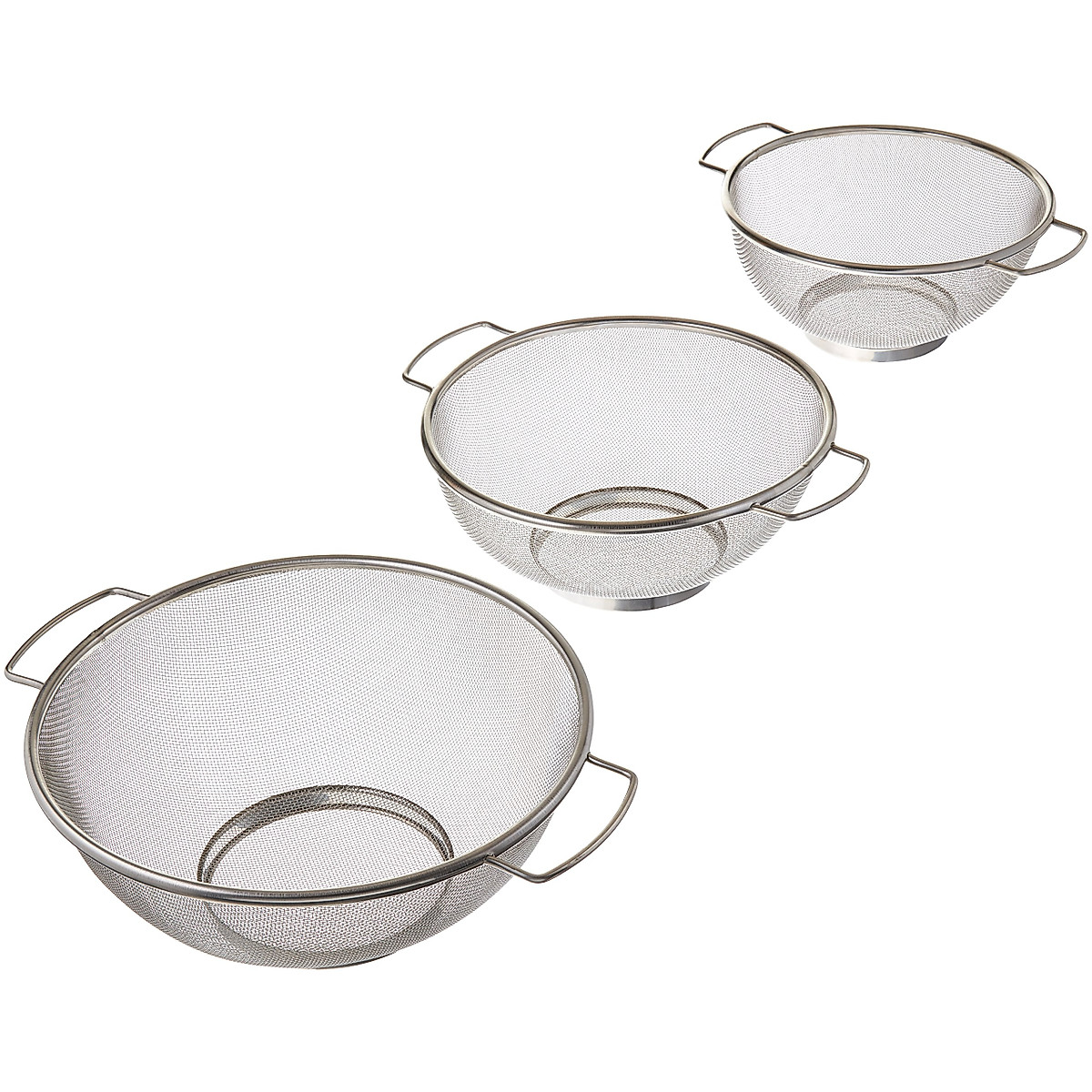 ExcelSteel Fine Mesh Colander w/Resting Base, Dishwasher Safe Vegetables, Fruit 3 Piece Strainer Set, 8”, 9”, 10”, Stainless Steel