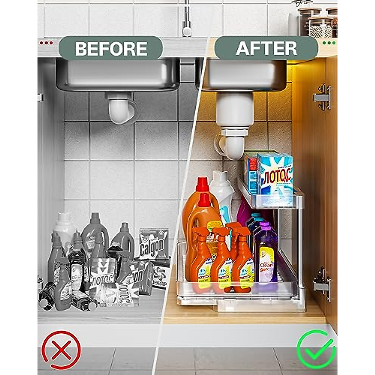 Under Sink Organizer and Storage with Under Sink Tray, 2 Tier Sliding Under Sink Shelf, L Shaped Pull Out Cabinet Basket Organizer, Slide Out Organizer Rack for Bathroom, Kitchen, 2 Pack, Clear