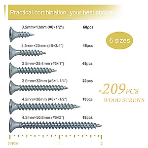 JEGONFRI High Hardness Wood Screws Assortment Kit, 209 pcs, Phillips Drive Flat Head, Wood Screws, Screws, Drywall Screws, Assorted Screws, Screws Set, 6 Sizes (2”,1-1/2”,1-1/4”,1”,3/4”,1/2”)