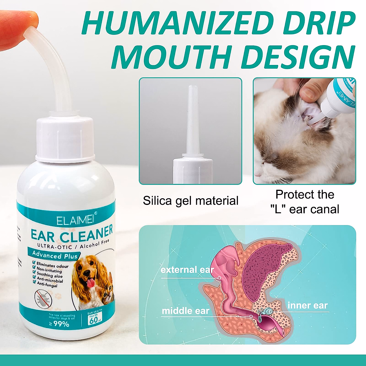 Ear Cleaner for Dogs, Dogs Ear Infection Treatment - Supports Soothing Dog Yeast Infection, Soothes Itchy & Inflamed Ears, Ear Odor, Pet Ear Care Supplement for Small, Medium and Large Dogs - 60ml