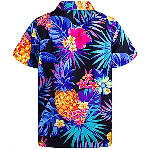 KING KAMEHA Men's Pineapple-Desings Summer-Party-Shirts Short-Sleeve, Pineapple, Black-Blue, XXL
