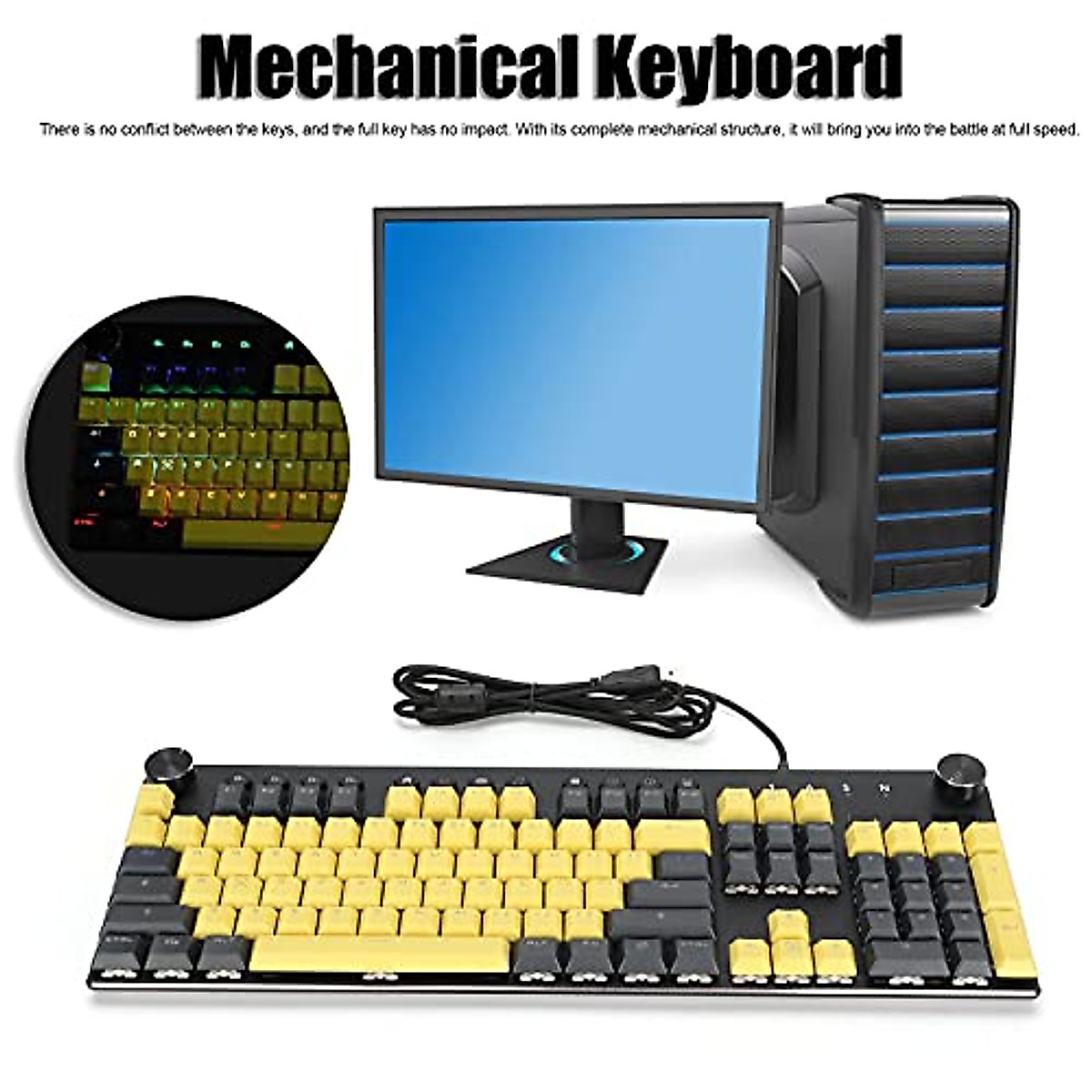ciciglow Yellow and Black Mechanical Gaming Keyboard, 104 Keys N Key Flip USB Wired Keyboard with RGB Backlit for Computer Laptop, Rollover Suspension Keycap Keyboard