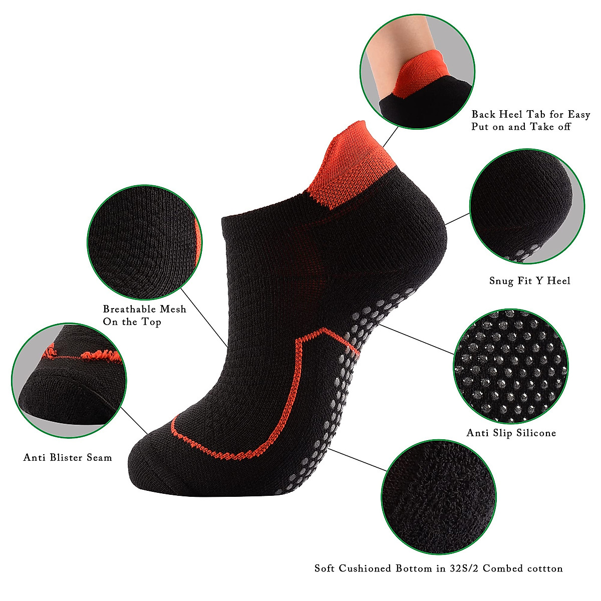 Teebulen Women's 5 Pairs Black Padded Anti Slip Odor Resistant Grips Compression Low Cut Yoga Barre Pilate Socks,Size 4-9